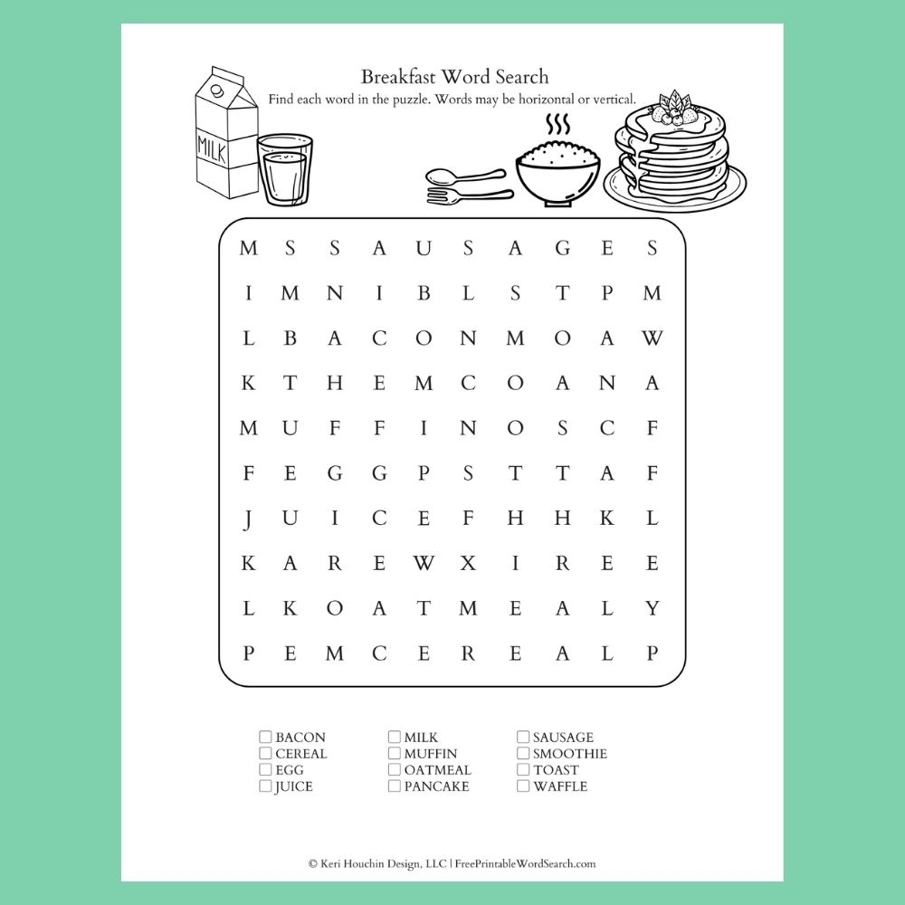 Breakfast Word Search - Free Printable Word Search