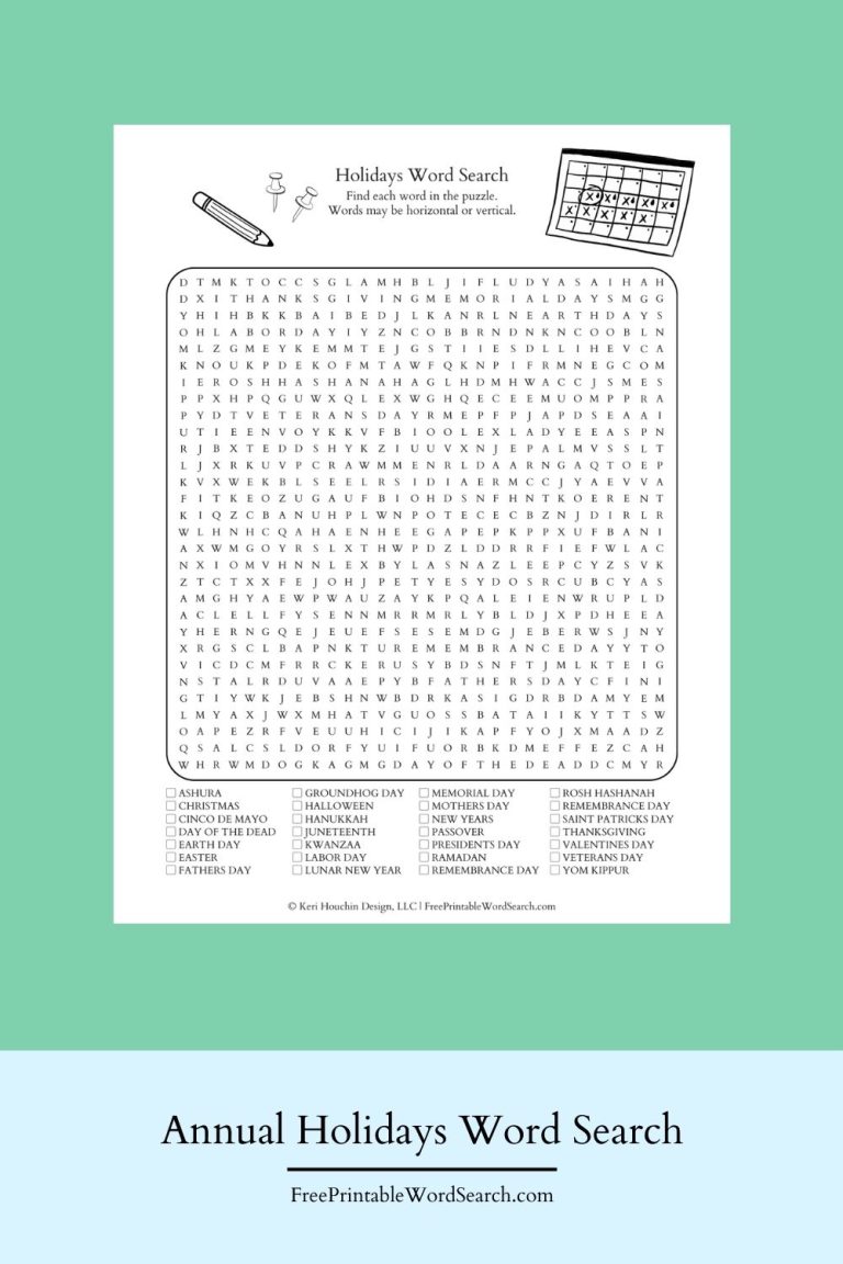 Holidays Word Search - Free Printable Word Search