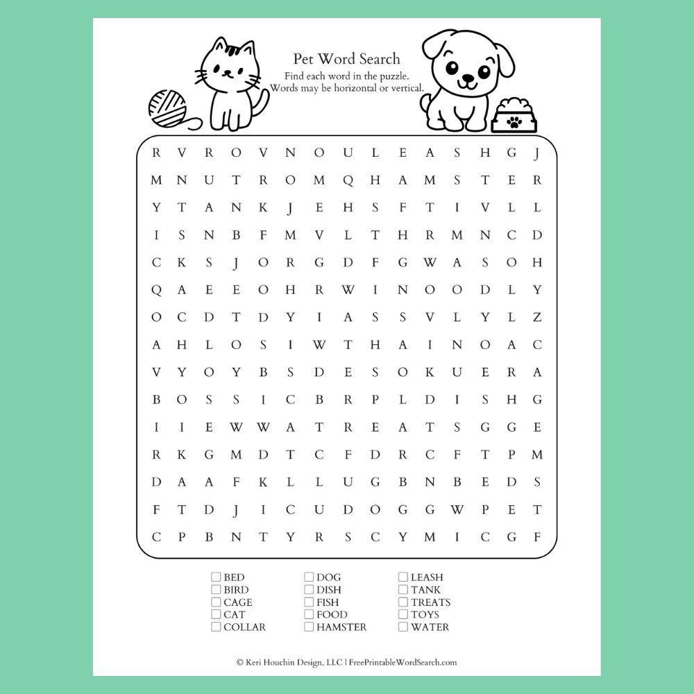 Pet Word Search - Free Printable Word Search