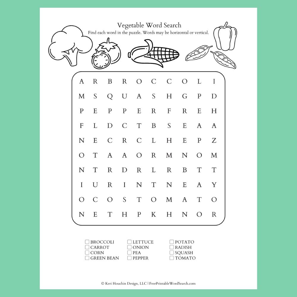Vegetable Word Search - Free Printable Word Search