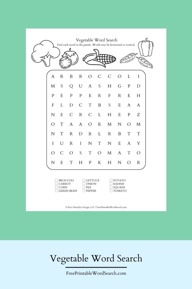 Vegetable Word Search - Free Printable Word Search