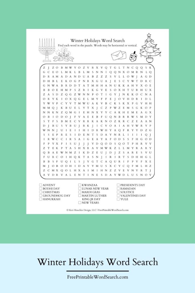 Winter Holidays Word Search - Free Printable Word Search