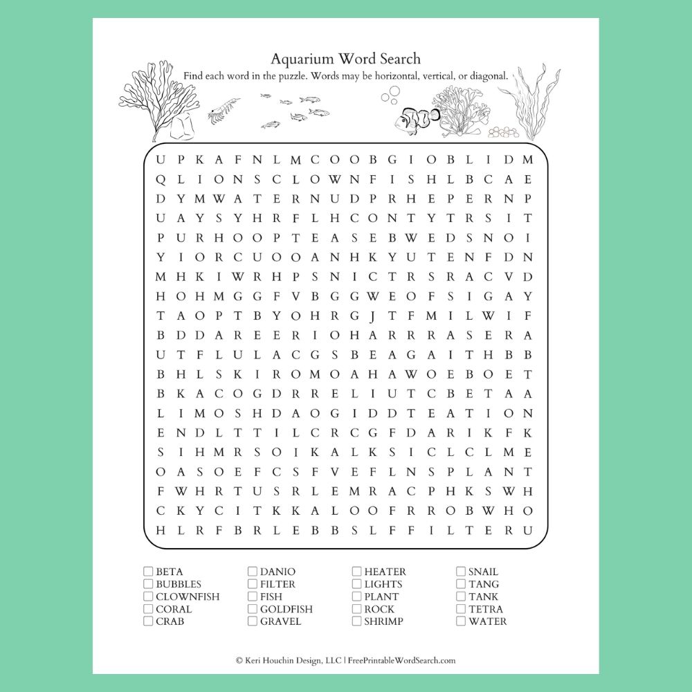 Aquarium Word Search - Free Printable Word Search